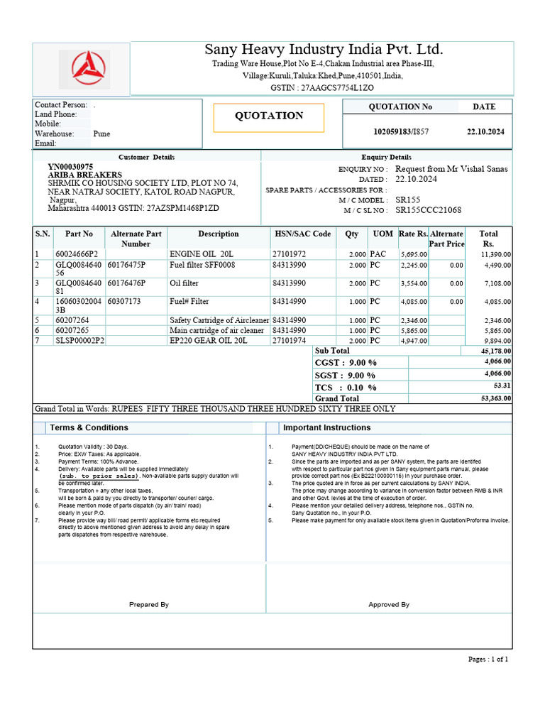 Sany Spare Parts Quotation - Nagpur | PDF | Payments