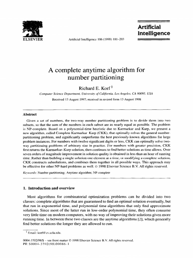 Complete Anytime Algorithm for Number Partitioning | PDF | Time Complexity | Mathematics