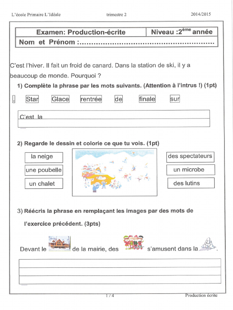 Epreuve de Français (Procuction Écrite) - 2ème Trimestre - 2ème Année ...