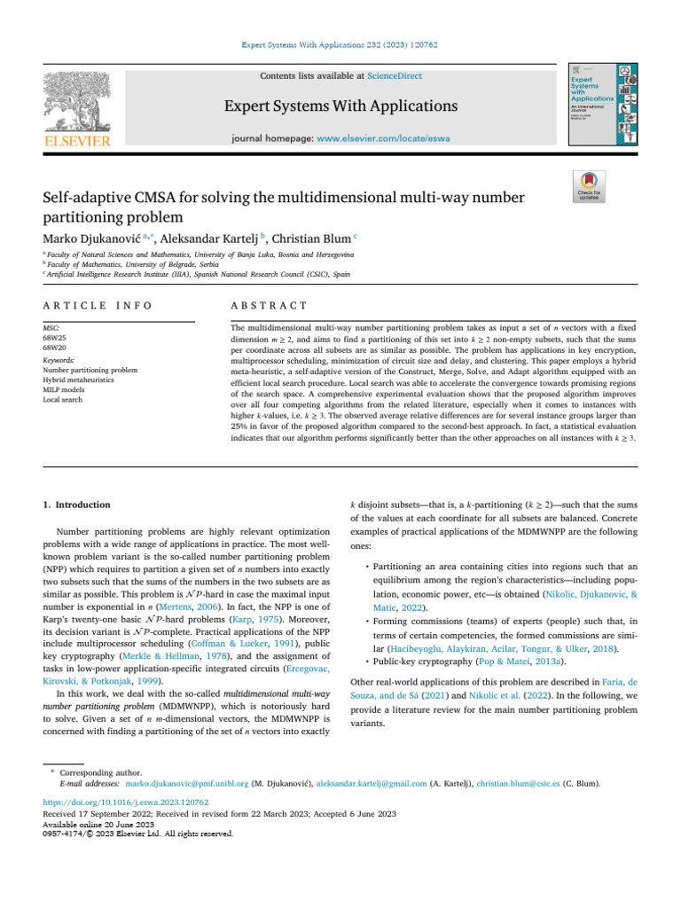Self-adaptive CMSA for solving the multidimensional multi-way number partitioning problem | PDF ...