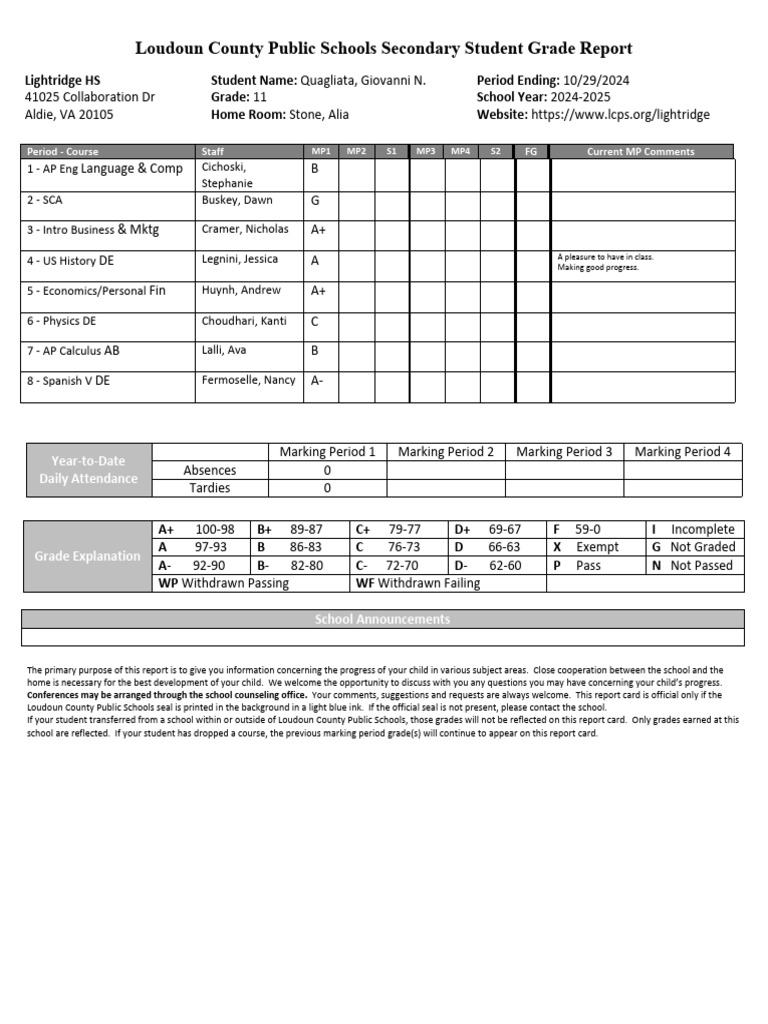 Fall 2024 Grade Transcript | PDF