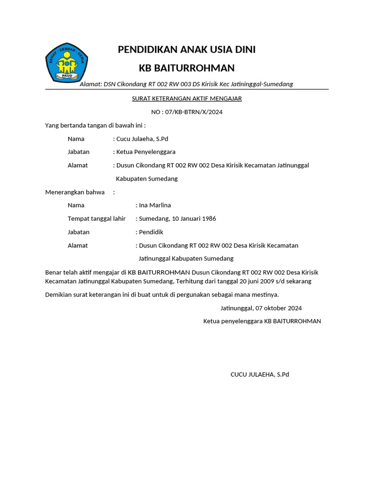 Surat Keterangan Aktif Mengajar KB Baiturrohman | PDF