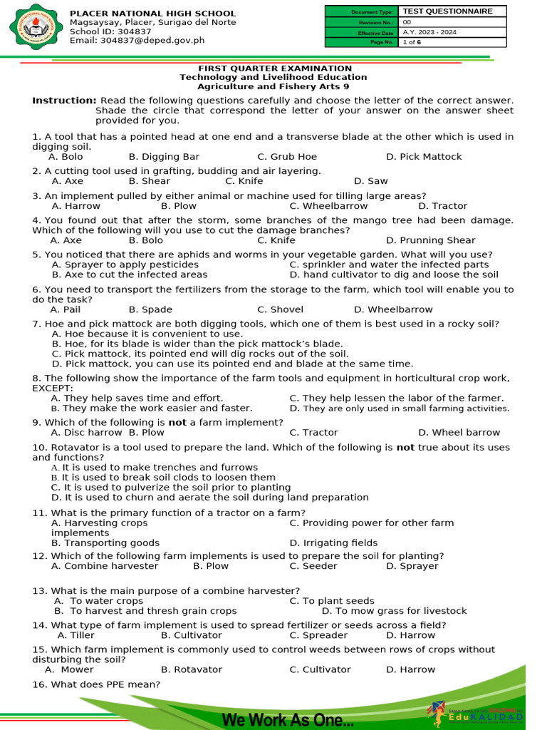 Tle Agriculture 9 - 2q Exam | PDF | Agricultural Machinery | Plough