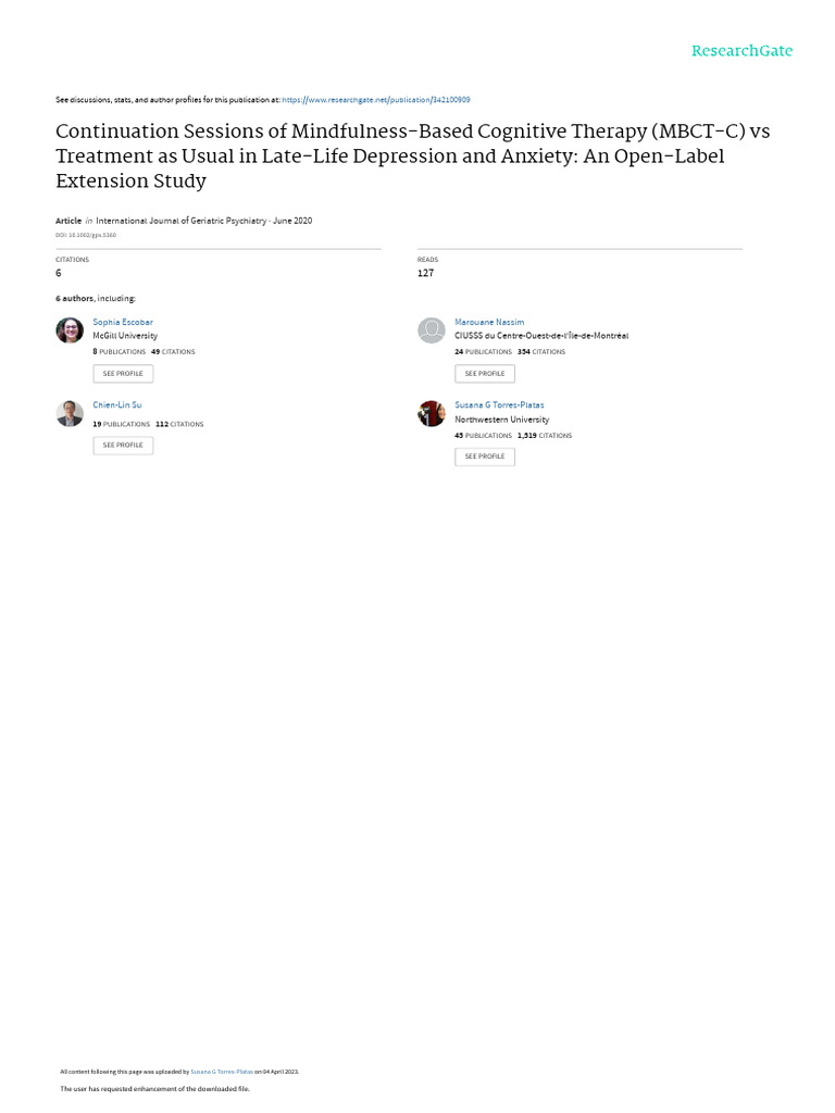 Continuation Sessions of Mindfulness-Based Cognitive Therapy (MBCT-C) vs. Treatm | PDF | Major ...