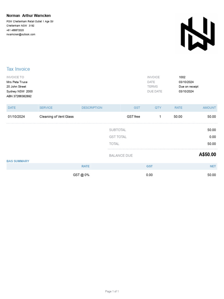 Invoice 1002 From Norman Arthur Warncken | PDF