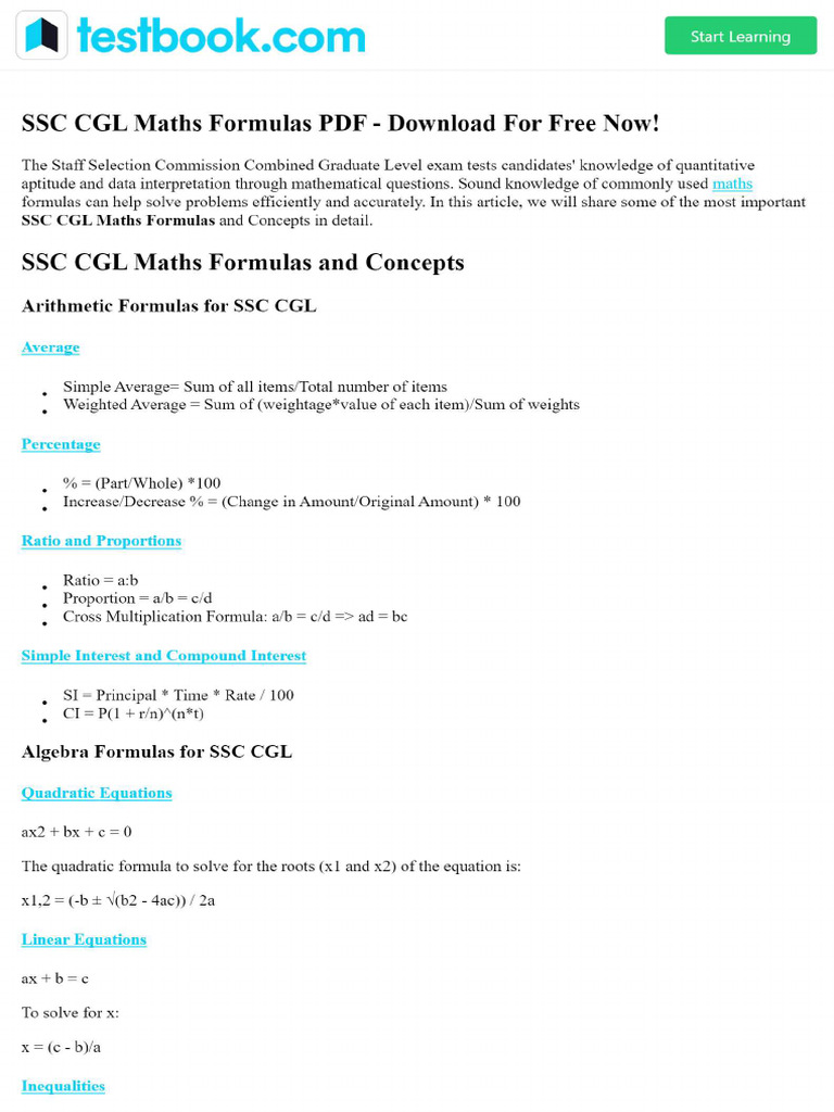 SSC CGL Maths Formulas PDF - Download For Free Now! | PDF