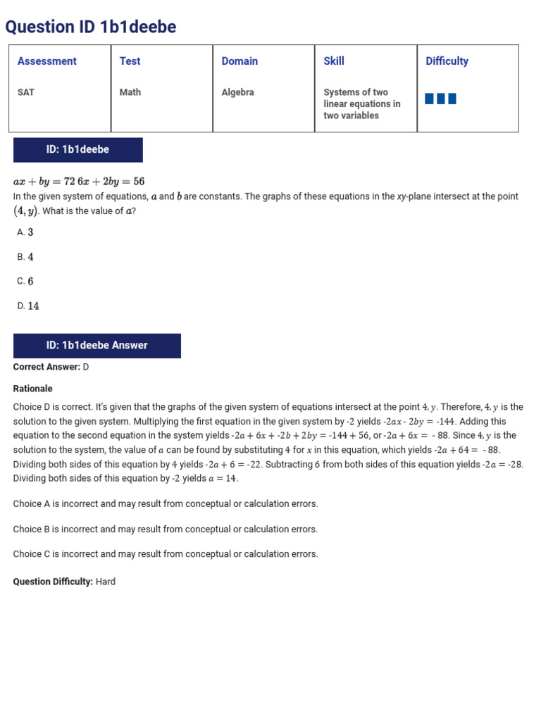 SAT Algebra Questions and Solutions | PDF | Equations | Algebra