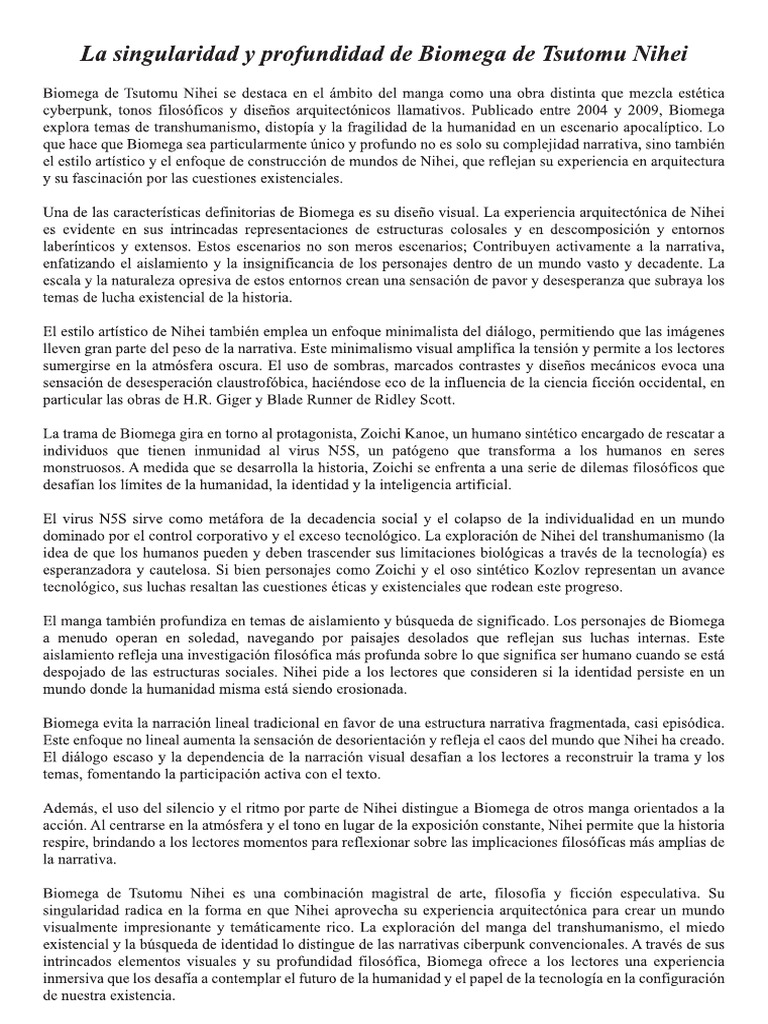 La Singularidad y Profundidad de Biomega de Tsutomu Nihei | PDF