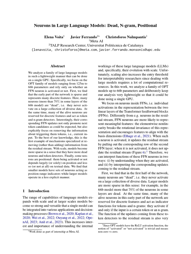 Neurons in Large Language Models - Dead, N-Gram, Positional | PDF | Information | Memory