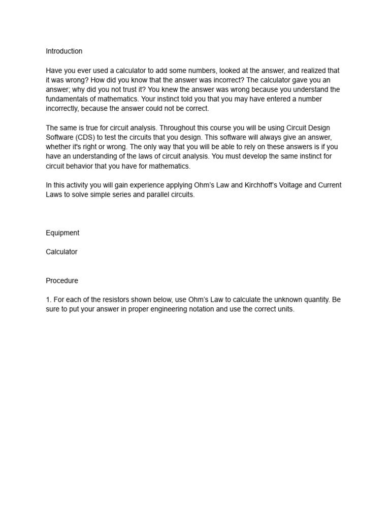 Activity Circuit Theory Hand Calculations Pdf Series And Parallel