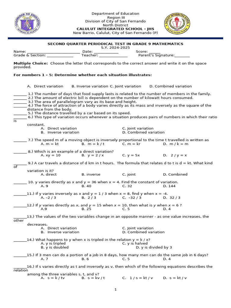 Grade 9 Math 2nd Quarter Exam 2024 | PDF | Mathematical Analysis ...