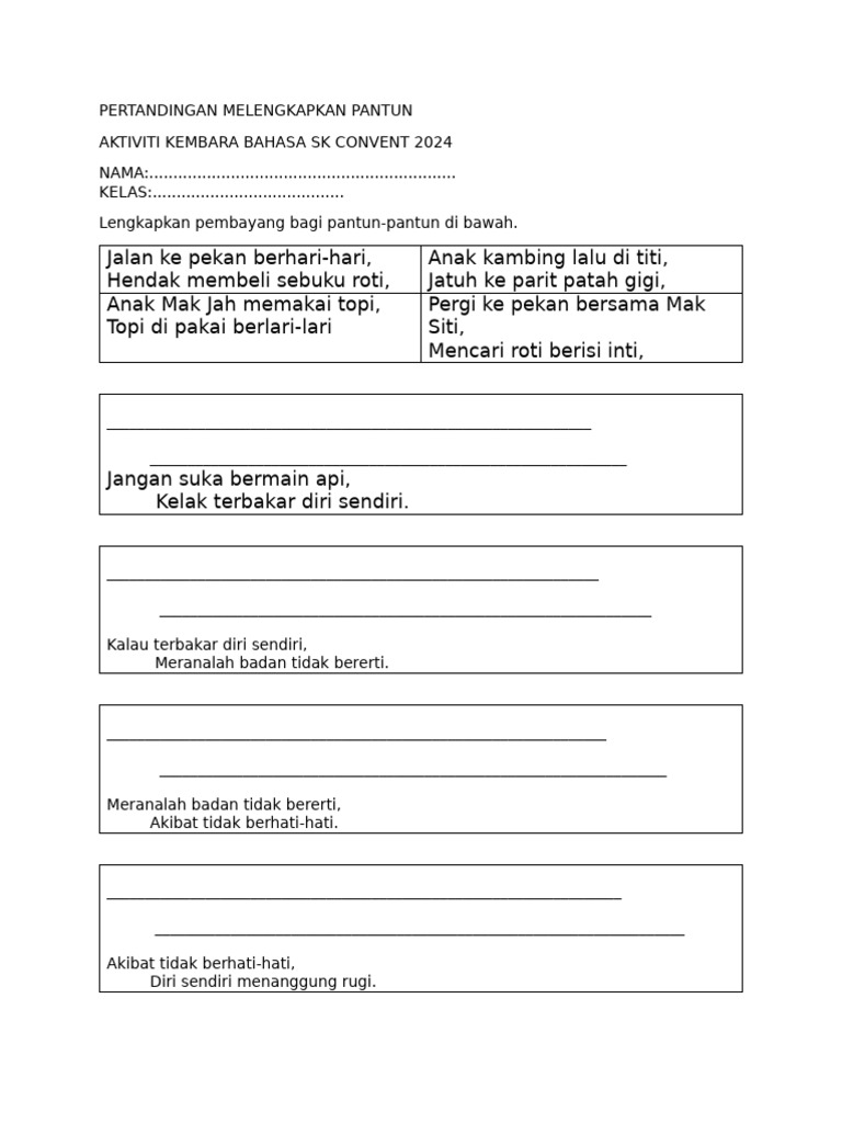 Pertandingan Melengkapkan Pantun Tahun 2 | PDF