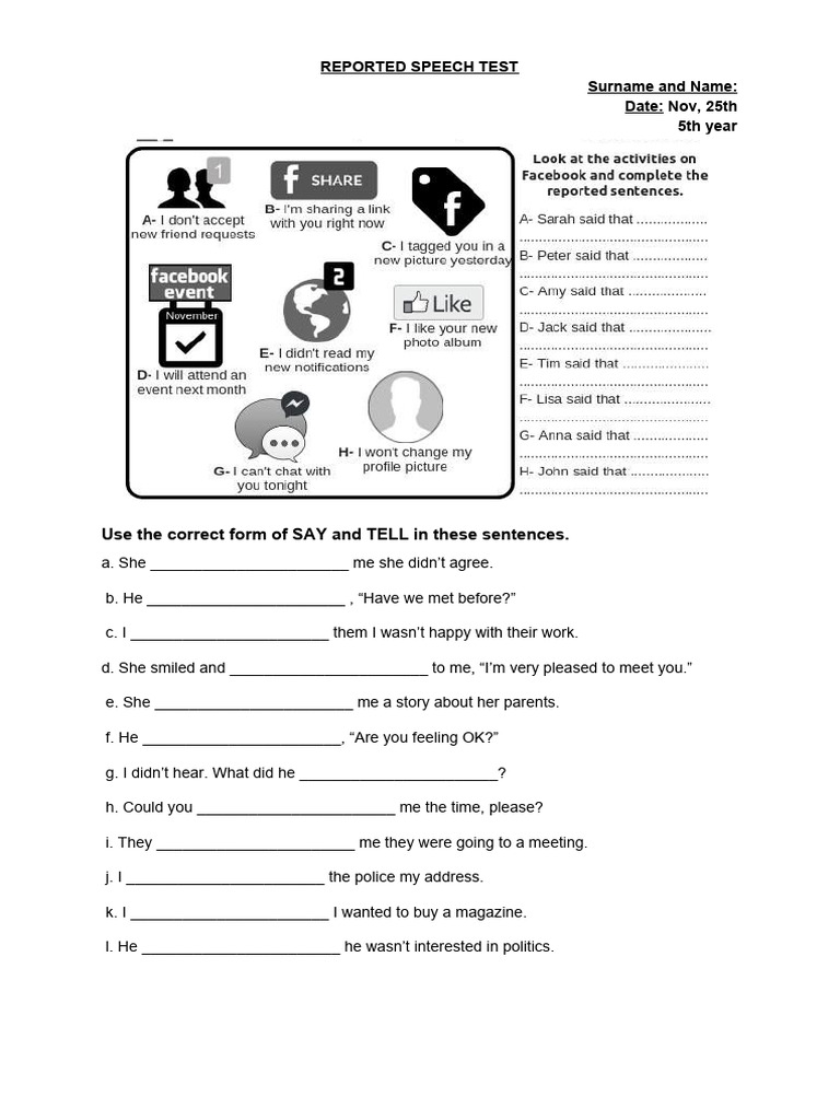 REPORTED SPEECH TEST 5to Año | PDF