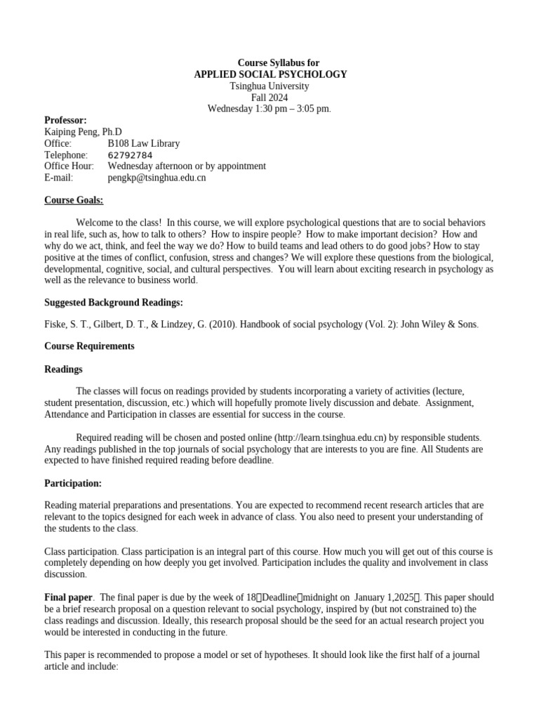 Syllabus_appliedsocialpsychology2024fall | PDF | Cognitive Science ...