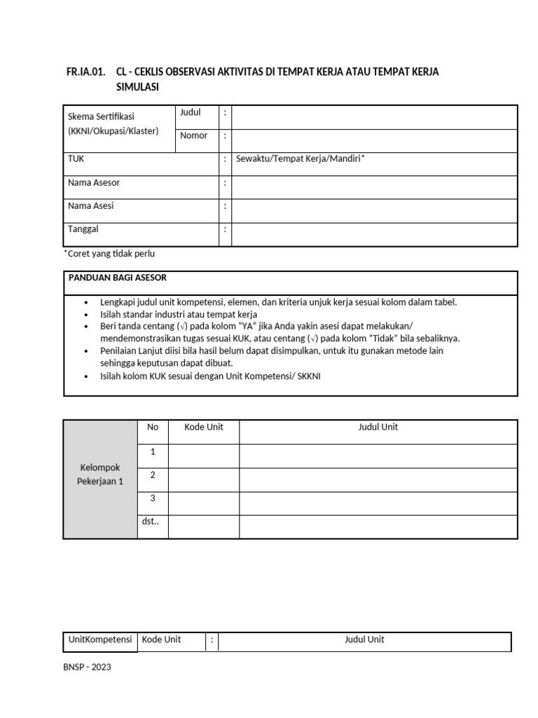 08. FR.IA.01. CL-Ceklis Observasi Aktifitas di tempat kerja atau tempat kerja simulasi | PDF