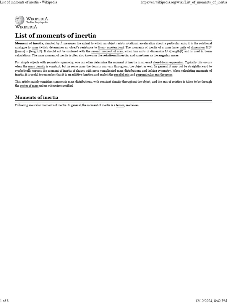 List of Moments of Inertia - Wikipedia | PDF | Rotation Around A Fixed ...