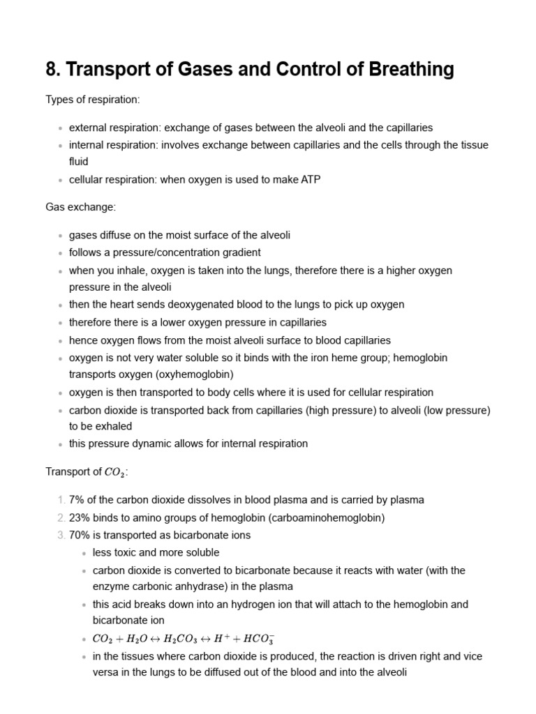 8. Transport of Gases and Control of Breathing | PDF | Breathing | Respiratory System