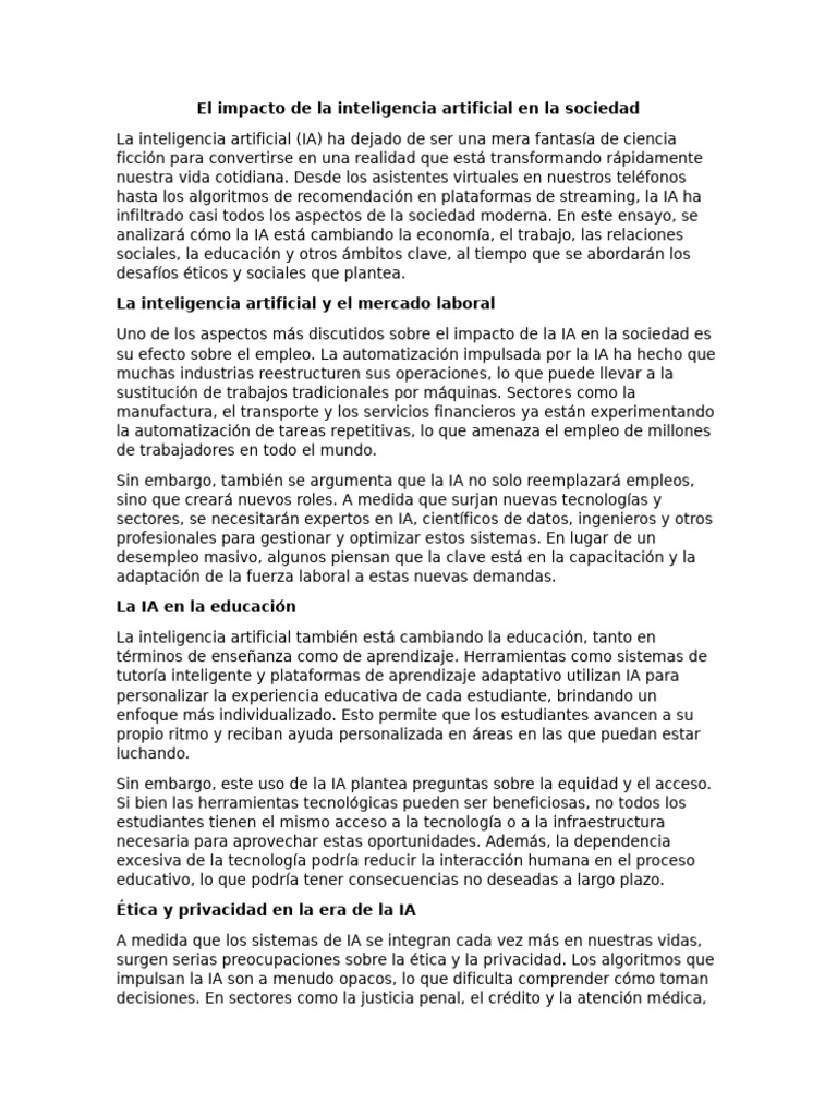 Ensayo - El Impacto de La Inteligencia Artificial en La Sociedad | PDF ...