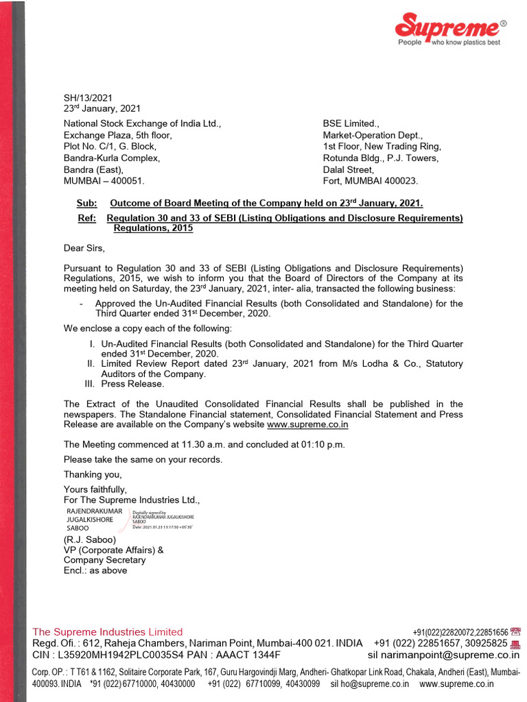 Supreme Industries Q3 2020 Financial Results | PDF | Expense | Audit