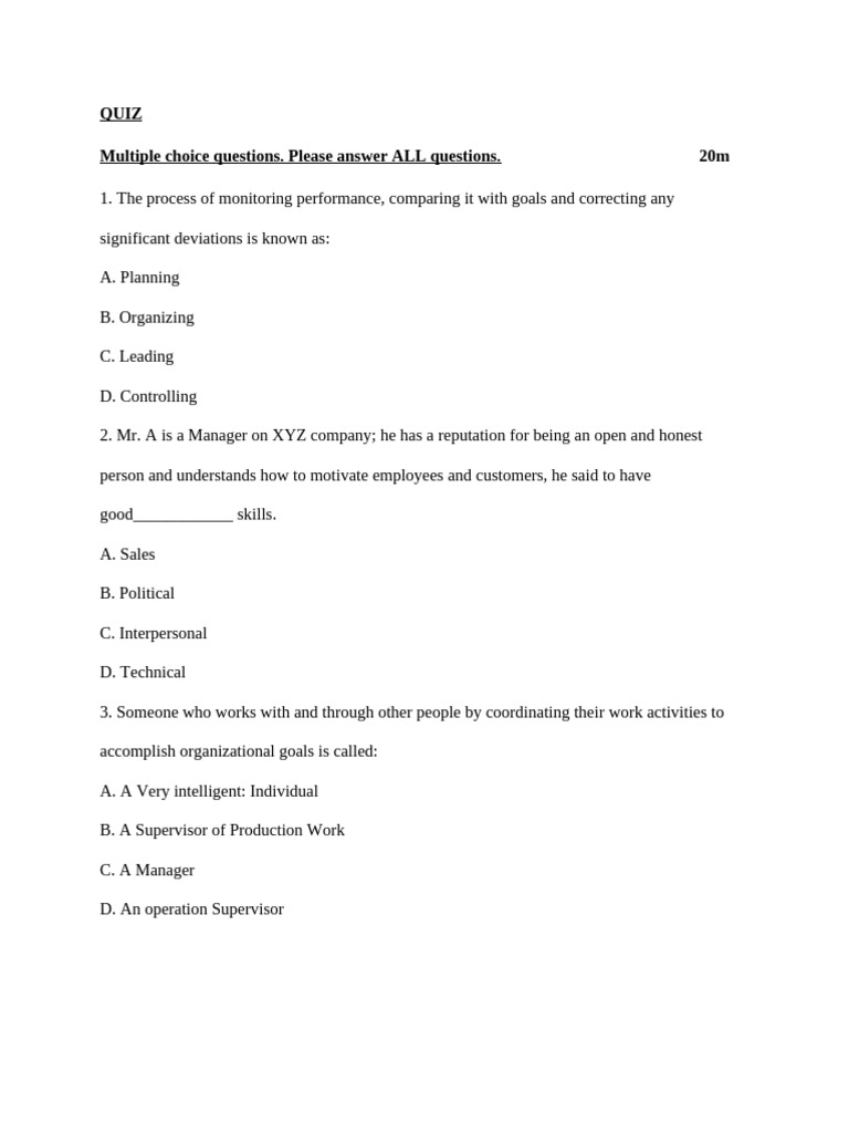 FAMG 1013 F.of Basic Management Quiz | PDF | Swot Analysis | Leadership
