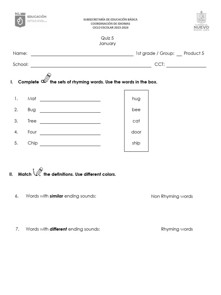 1st Grade Quiz Product 5 January | PDF