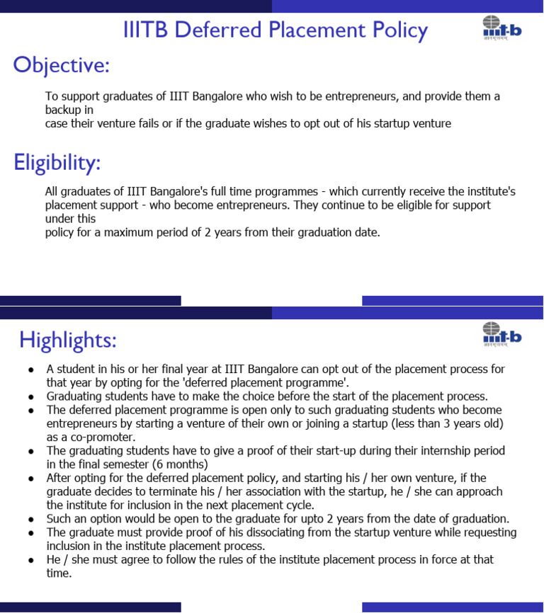IIIT Bangalore Deferred Placement Policy | PDF