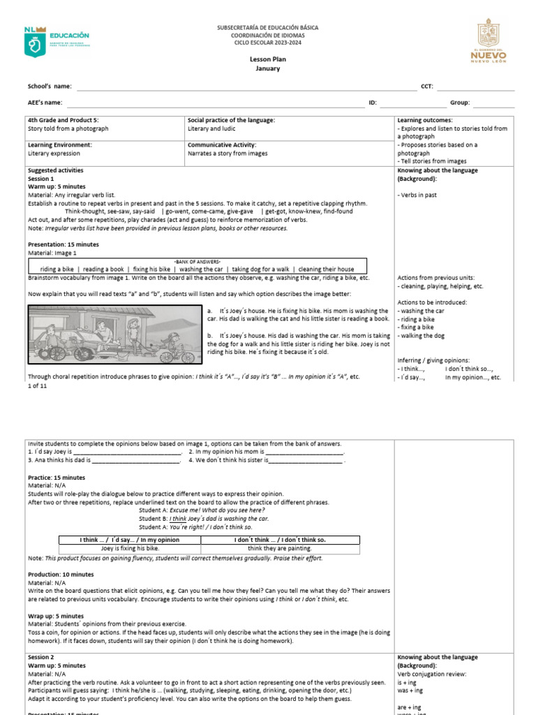 4th Grade Lesson Plan Product 5 January | PDF | Linguistics