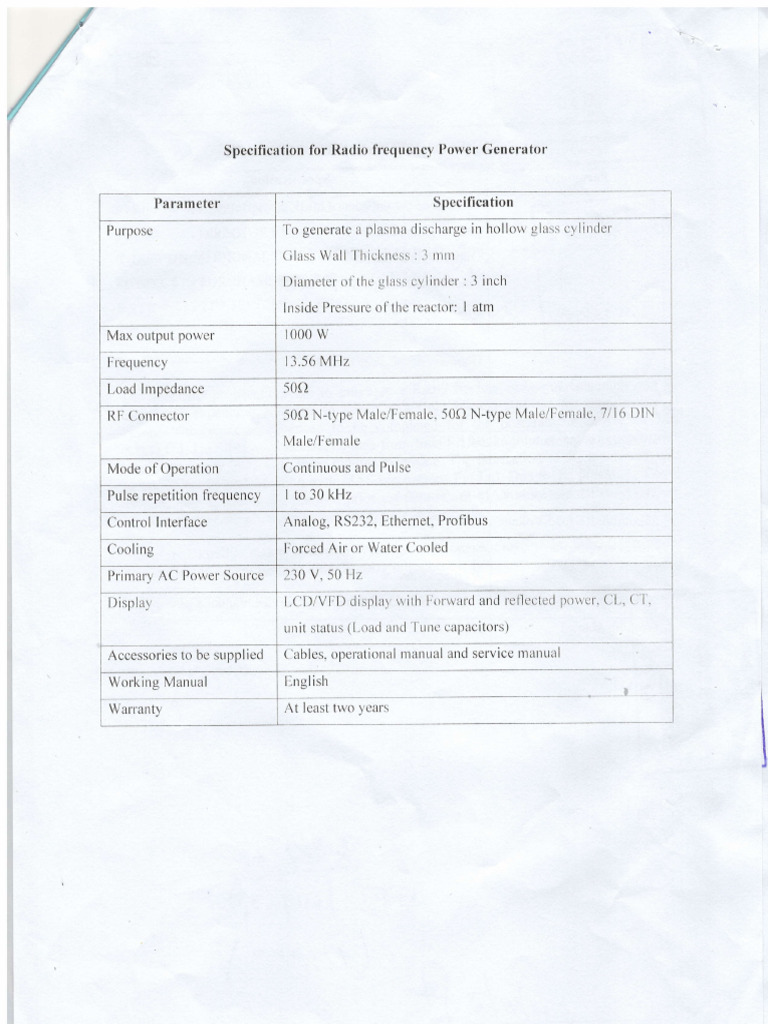 Specifications for Radio Frequency Power Generator | PDF