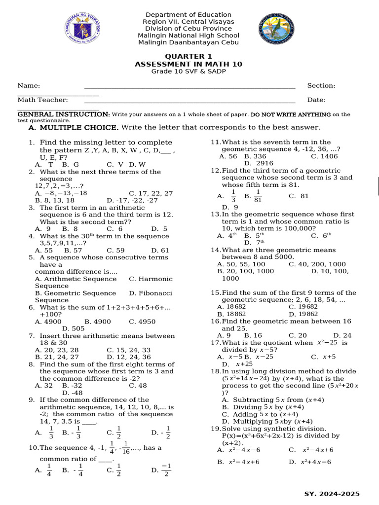 Math 10-Quarter1 Assessment | PDF | Arithmetic | Mathematics