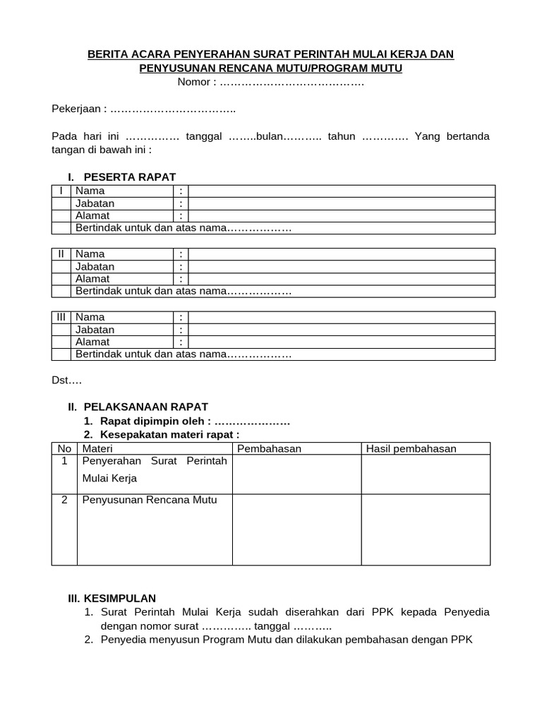 Berita Acara Penyerahan Surat Perintah Mulai Kerja Dan Penyusunan Rencana Mutu Program Mutu | PDF