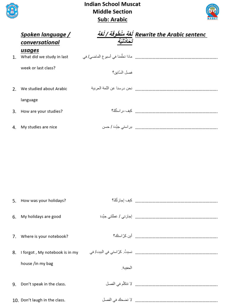 Spoken Arabic - General Usages - With Writing Space | PDF