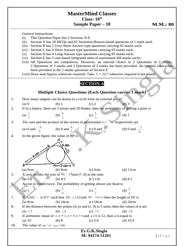 10th Grade MasterMind Sample Paper | PDF | Circle | Sphere