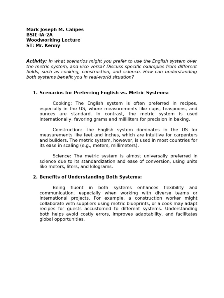 English vs. Metric: Usage Scenarios | PDF