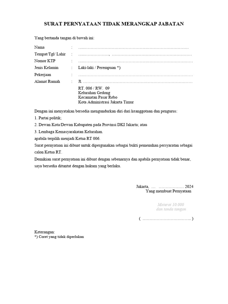 Surat Pernyataan Calon RT | PDF
