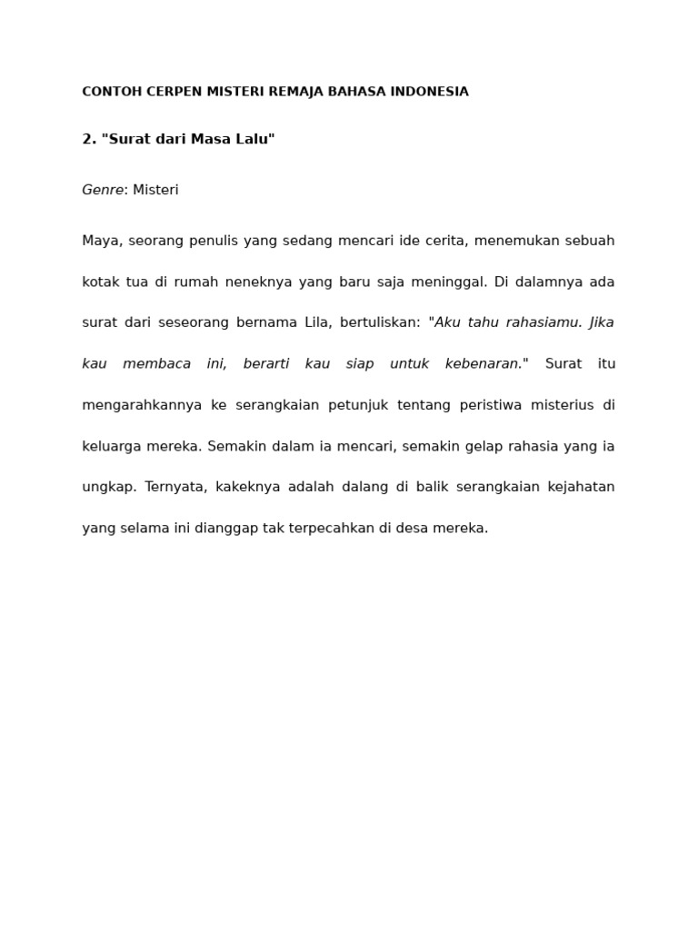 Contoh Cerpen Misteri Remaja Bahasa Indonesia | PDF