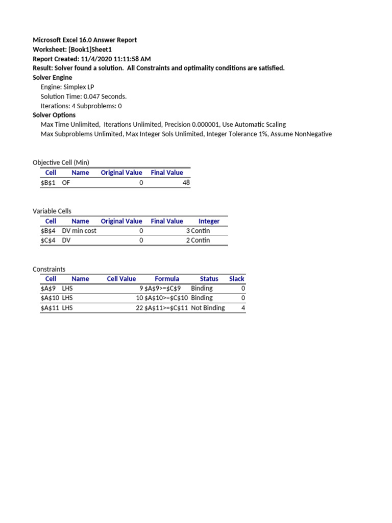 Excel Solver Report: Optimal Solution Analysis | PDF