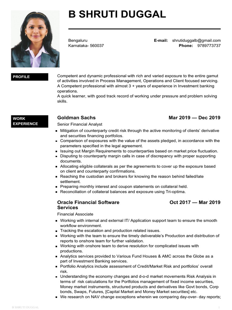 Shruti Duggal Resume GS MCVO | PDF | Stocks | Derivative (Finance)