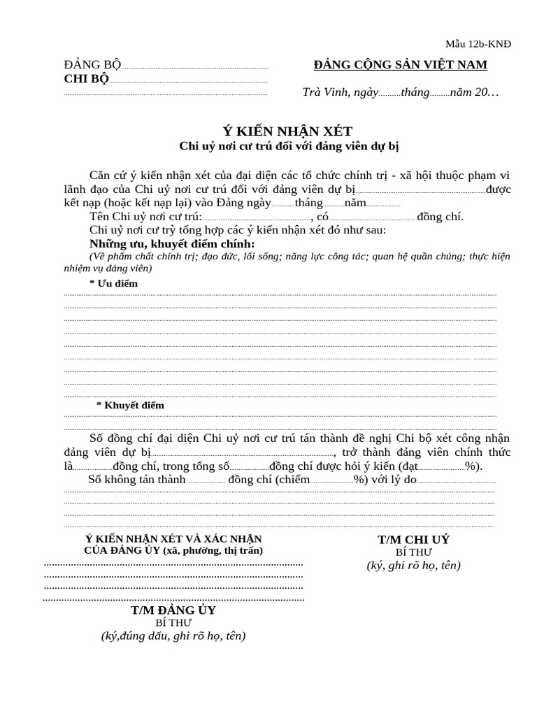 Mau 12b KND Nhan Xet Cua Chi Uy Noi Cu Tru DV Du Bi | PDF