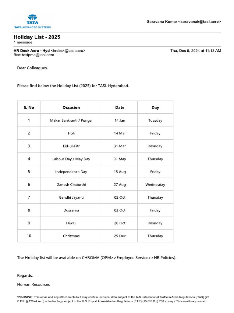 Holiday List - 2025 | PDF