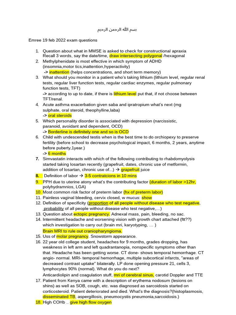 Emree 19 Feb Exam Questions | PDF | Bipolar Disorder | Headache