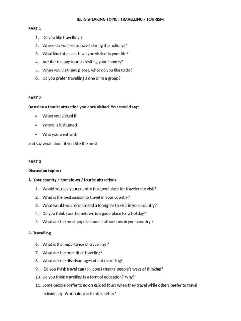 IELTS Speaking: Travel & Tourism Topics | PDF