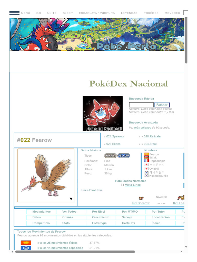 #0022 Fearow - Todos Los Movimientos Pokémon - Pokéxperto | PDF ...