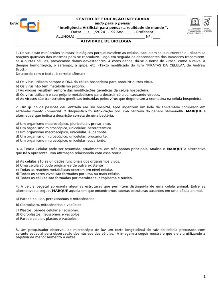 Atividade Sobre Cã Lula | PDF | Citoplasma | Célula (Biologia)