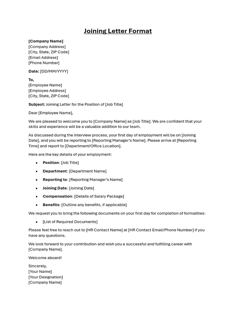 Joining Letter Format | PDF