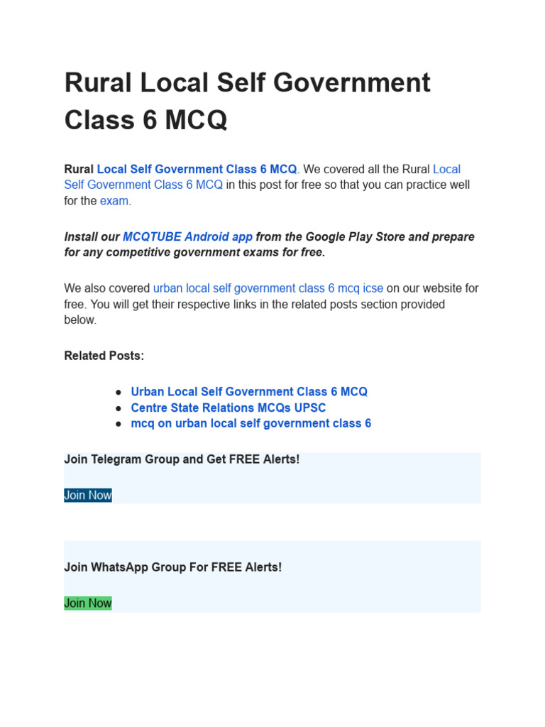 Class 6 Rural Local Self Government MCQs | PDF | Government ...