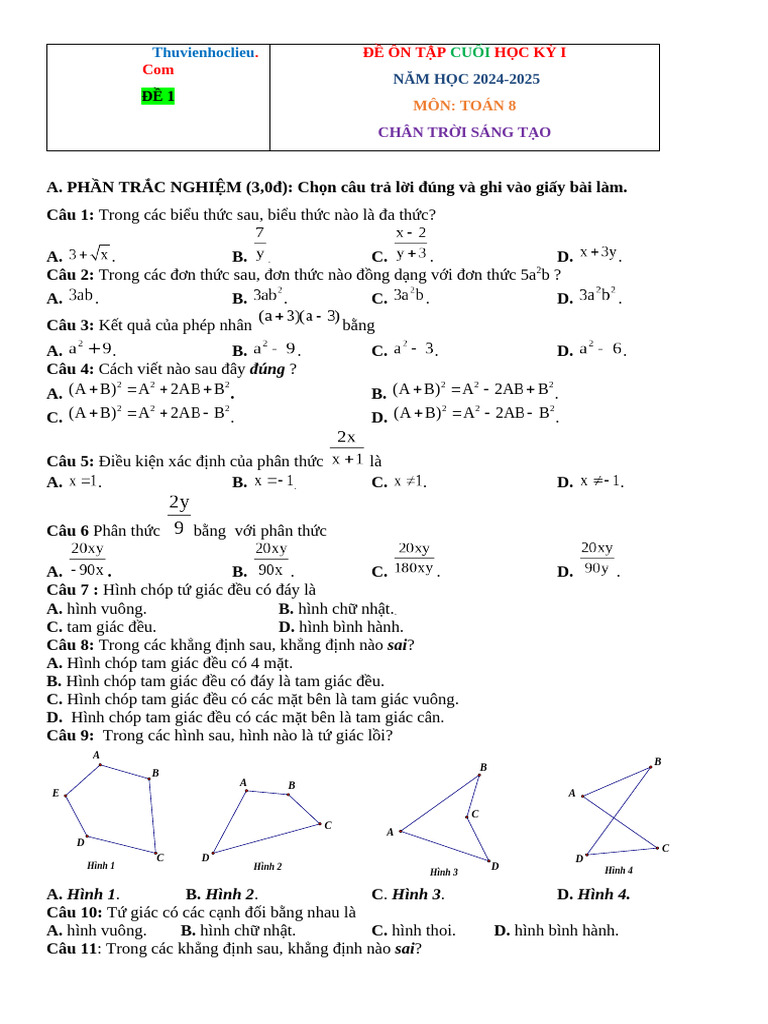 25 de On Tap Cuoi HK1 Toan 8 CTST | PDF