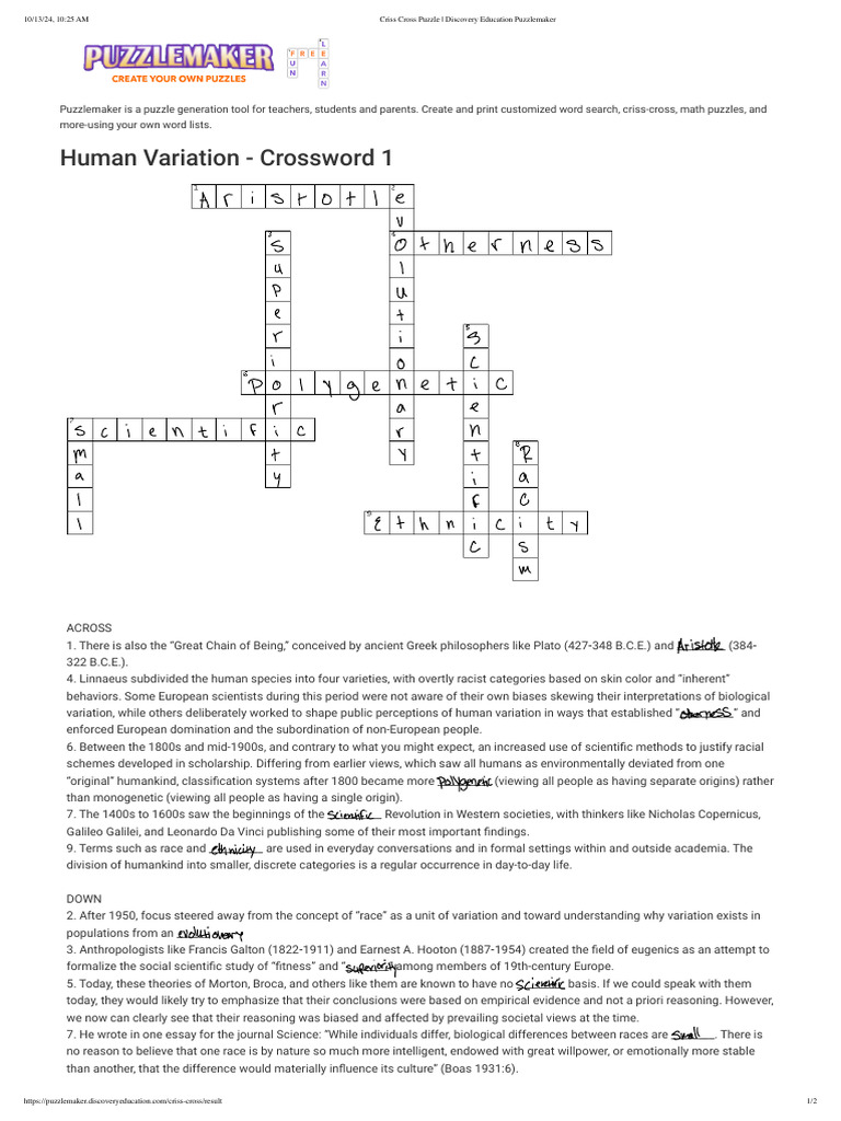 Human Variation - Crossword 1 | PDF | Race (Human Categorization) | Science