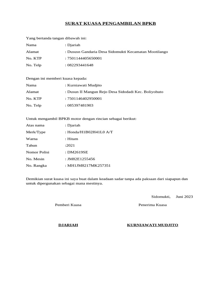 SURAT KUASA PENGAMBILAN BPKB | PDF