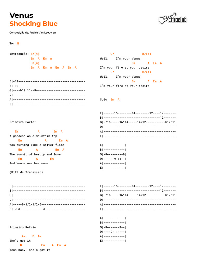 Cifras da Música "Venus" - Shocking Blue | PDF