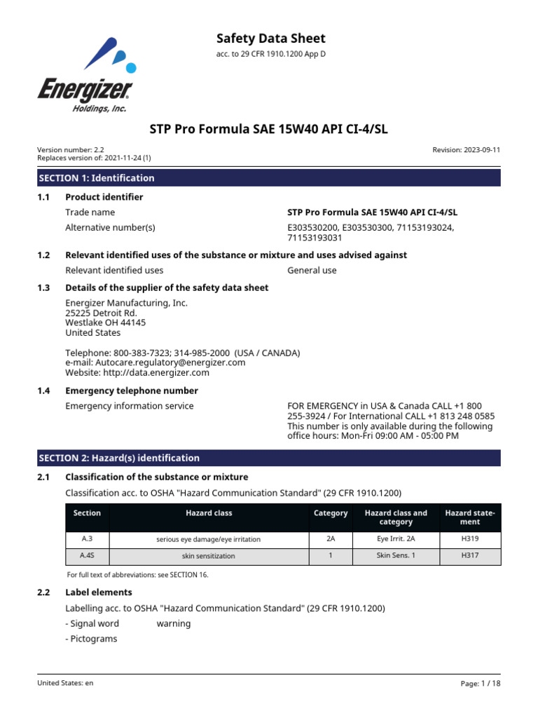STP Pro Formula SAE 15W40 Safety Data | PDF | Dangerous Goods | Toxicity